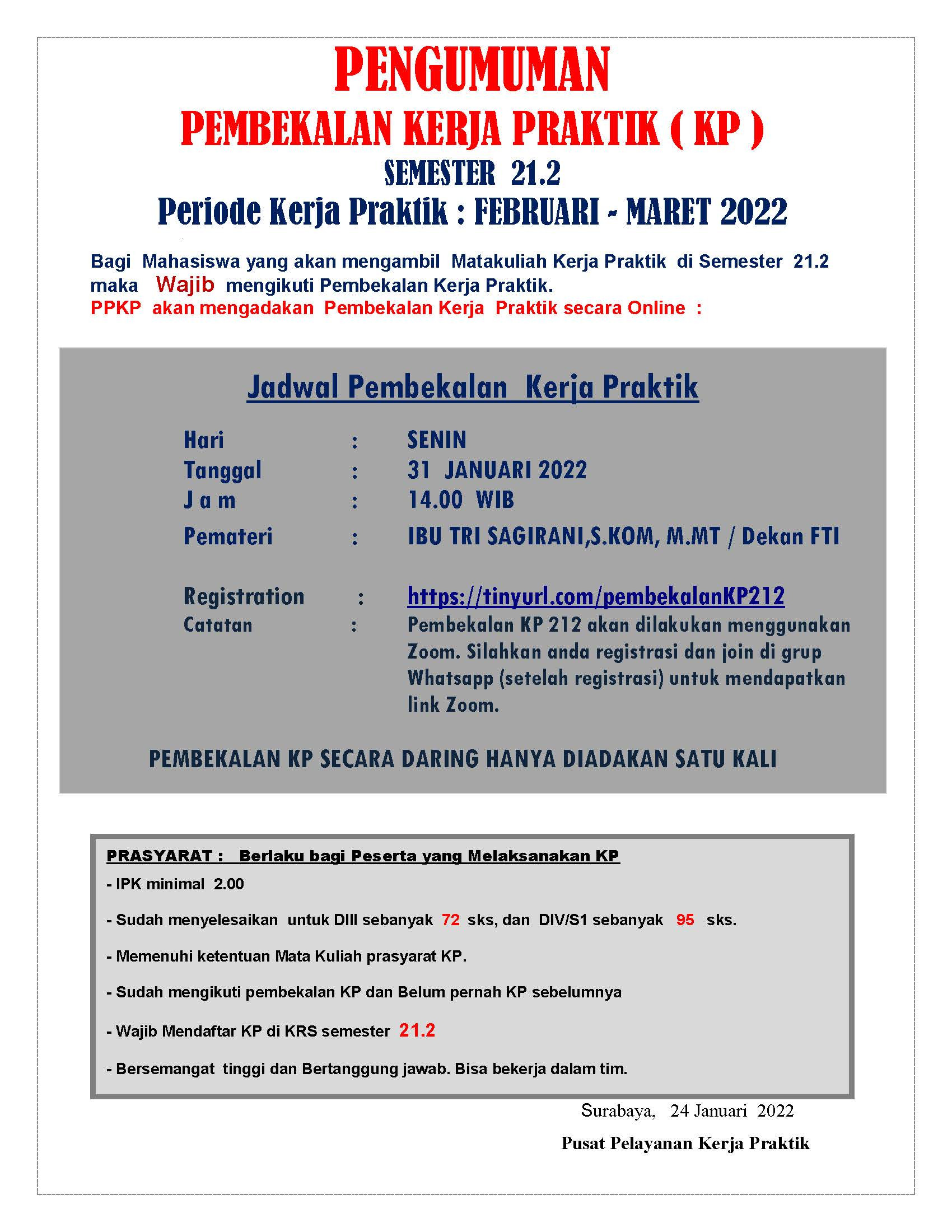 PEMBEKALAN KERJA PRAKTIK (KP) SEMESTER GENAP 2021/2022 (212) - Universitas Dinamika Surabaya
